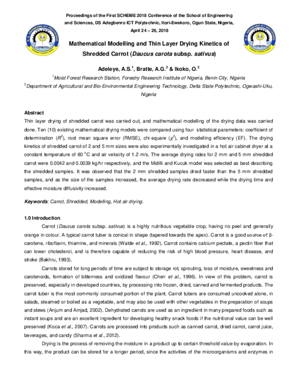 (PDF) Mathematical Modelling and Thin Layer Drying Kinetics of Shredded Carrot (Daucus carota ...