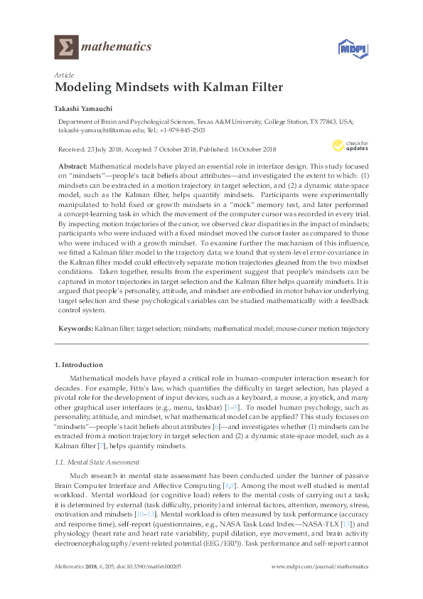 (PDF) mathematics Modeling Mindsets with Kalman Filter