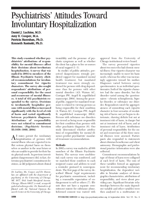 (PDF) Psychiatrists' attitudes toward involuntary hospitalization