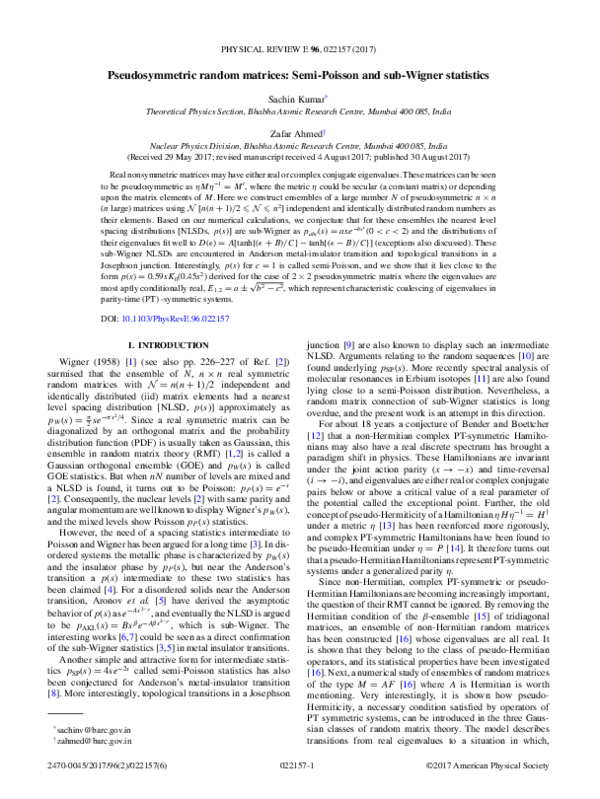Pdf Pseudosymmetric Random Matrices Semi Poisson And Sub Wigner