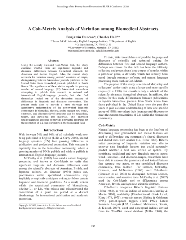 (PDF) A Coh-Metrix Analysis of Variation among Biomedical Abstracts