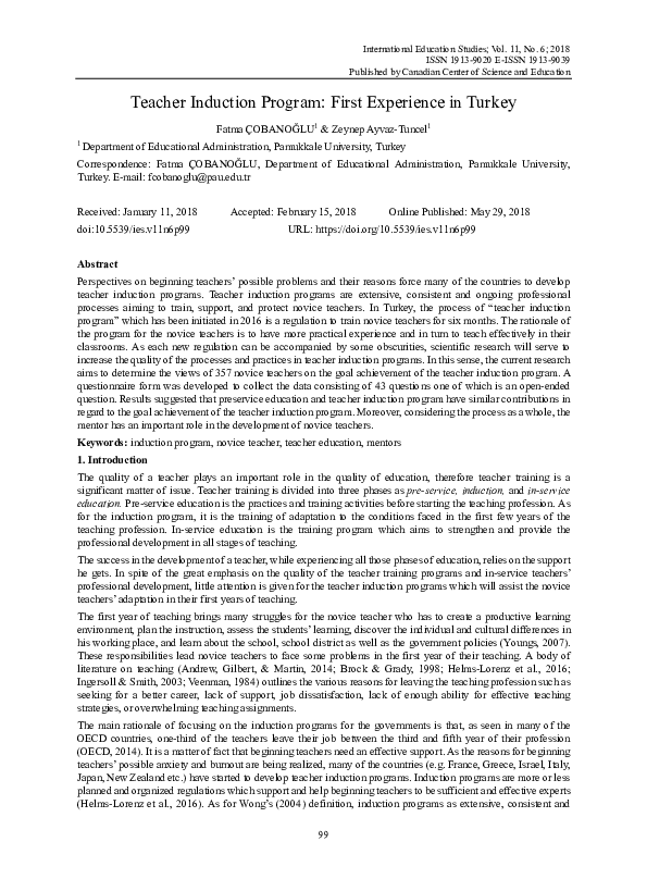 (PDF) Teacher Induction Program First Experience in Turk