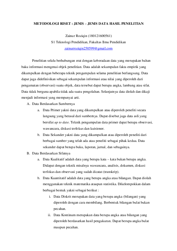 (PDF) Jenis Jenis Data Hasil Penelitian (Metodologi Riset)