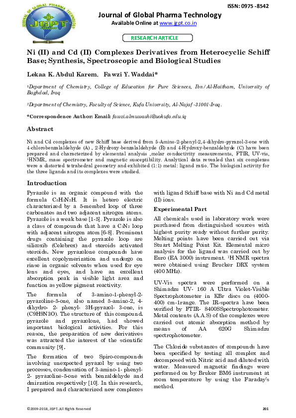 (PDF) Journal of Global Pharma Technology Ni (II) and Cd (II) Complexes Derivatives from ...