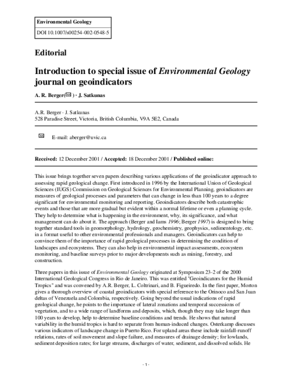 (PDF) Introduction to special issue of Environmental Geology journal on ...
