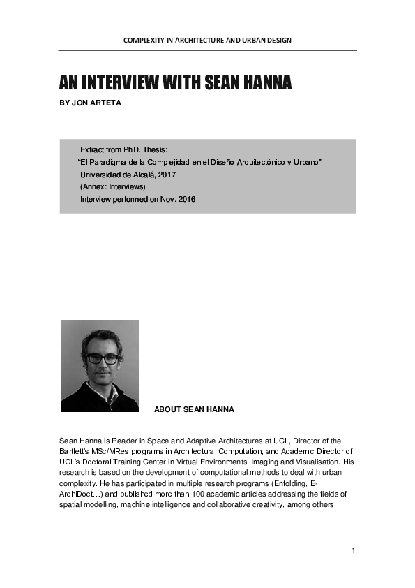 (PDF) AN INTERVIEW WITH SEAN HANNA. Reflections on Urban Complexity and ...