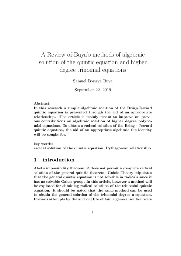 (PDF) A Review of Buya's methods of algebraic solution of the quintic ...