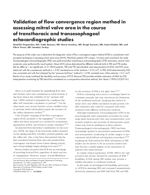 Pdf Validation Of Flow Convergence Region Method In Assessing Mitral Valve Area In The Course