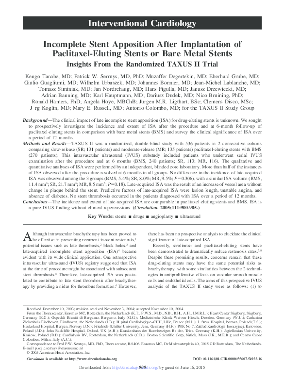 (PDF) Incomplete Stent Apposition After Implantation of Paclitaxel ...