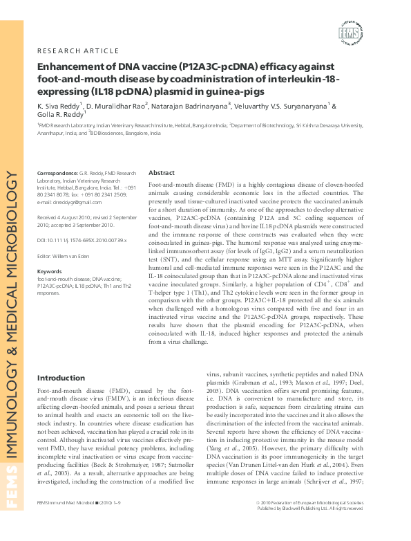 (PDF) Enhancement of DNA vaccine (P12A3C-pcDNA) e⁄cacy against foot-and ...
