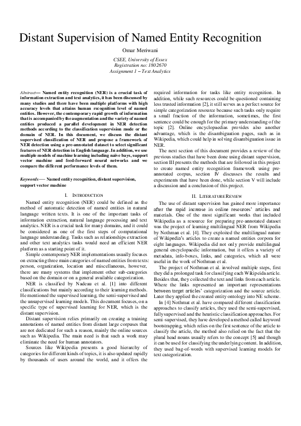 (PDF) Distant Supervision of Named Entity Recognition