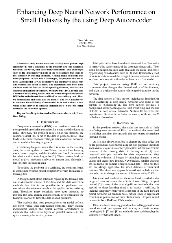 Pdf Enhancing Deep Neural Network Perforamnce On Small Datasets By The Using Deep Autoencoder