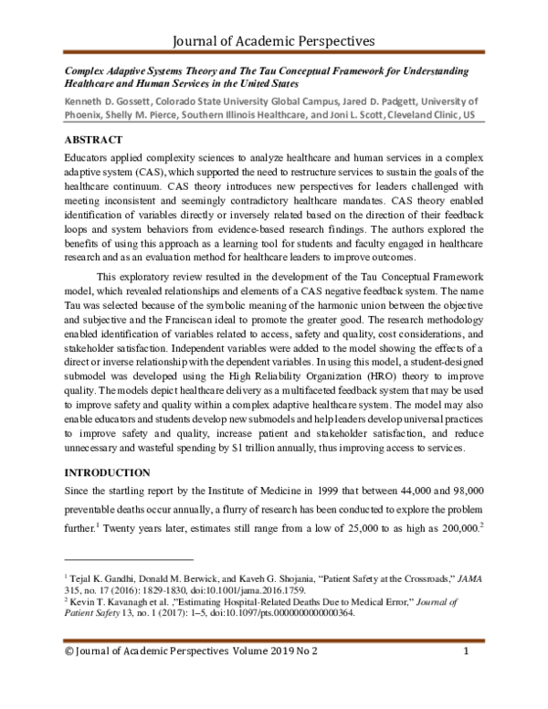 (PDF) Complex Adaptive Systems Theory and The Tau Conceptual Framework for Understanding ...