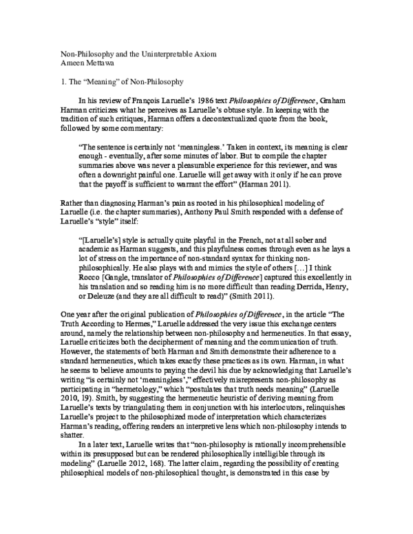 (PDF) Non-Philosophy and the Uninterpretable Axiom