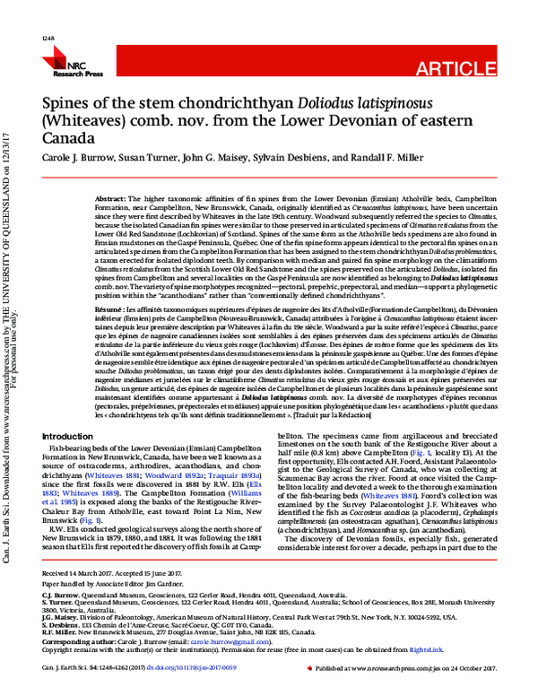 (PDF) Spines of the stem chondrichthyan Doliodus latispinosus ...