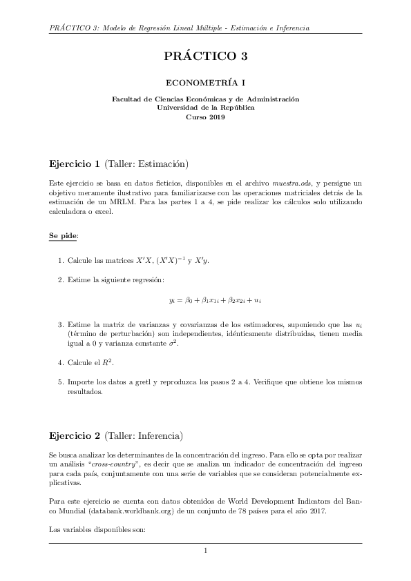 (PDF) PR´ACTICOPR´ PR´ACTICO 3 ECONOMETR´IAECONOMETR´ECONOMETR´IA I Ejercicio 1 (Taller: Estimación