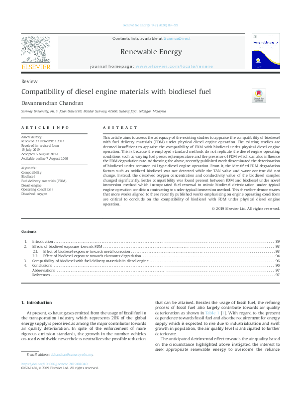 (PDF) Compatibility of diesel engine materials with biodiesel fuel