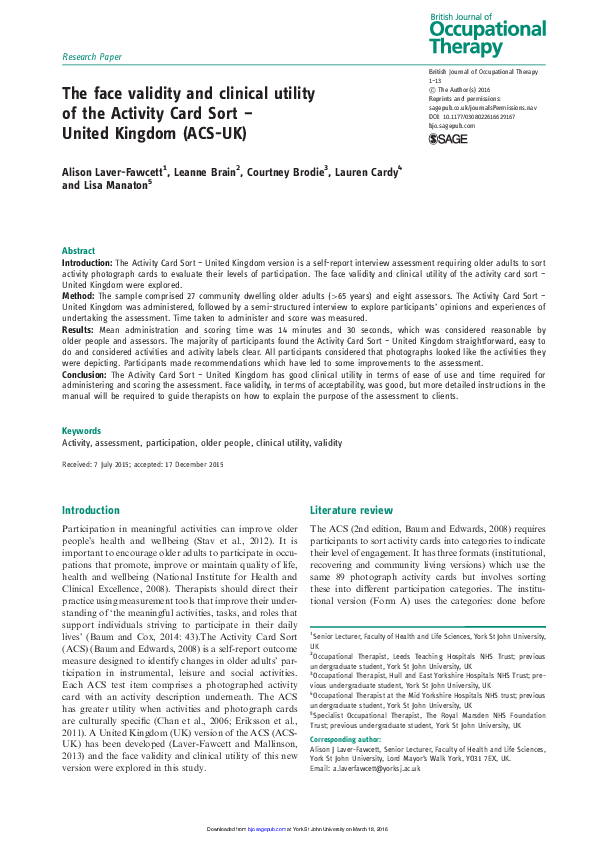 (PDF) The face validity and clinical utility of the Activity Card Sort ...