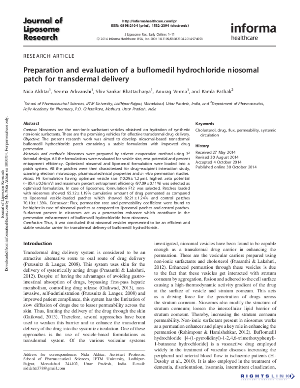Pdf Preparation And Evaluation Of A Buflomedil Hydrochloride Niosomal Patch For Transdermal