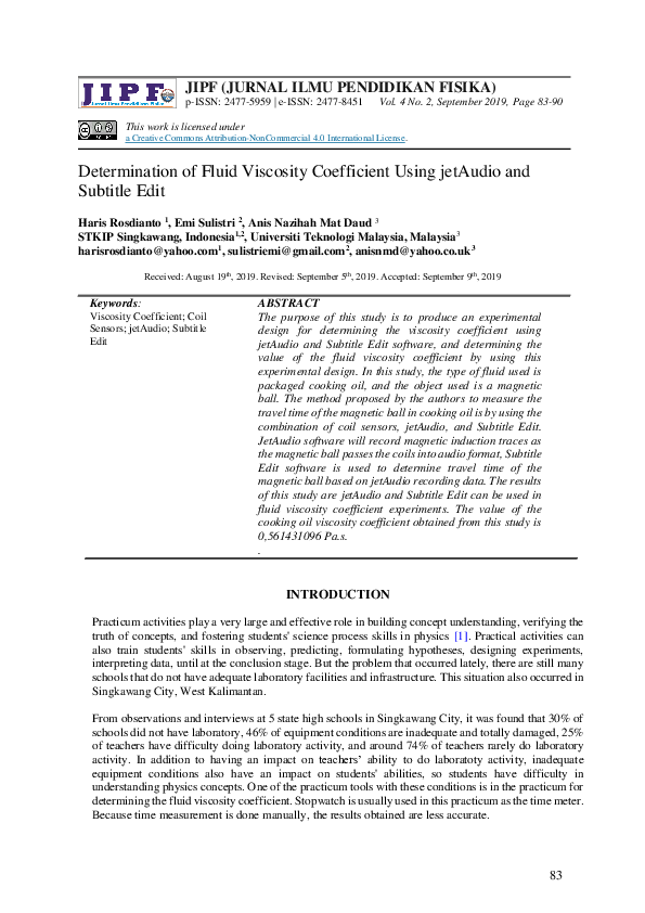 (PDF) Determination of Fluid Viscosity Coefficient Using jetAudio and ...