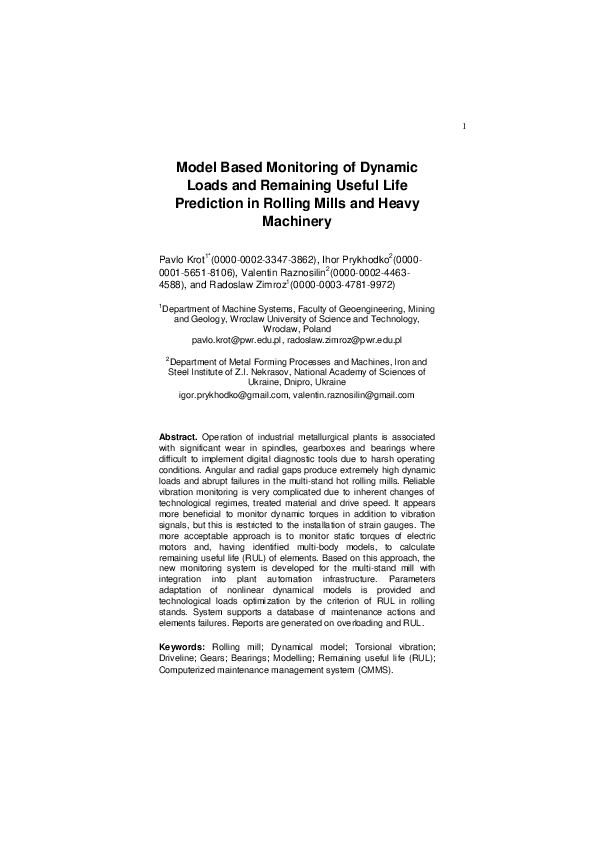 Pdf Model Based Monitoring Of Dynamic Loads And Remaining Useful Life Prediction In Rolling