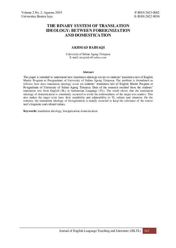 Pdf The Binary System Of Translation Ideology Between Foreignization And Domestication