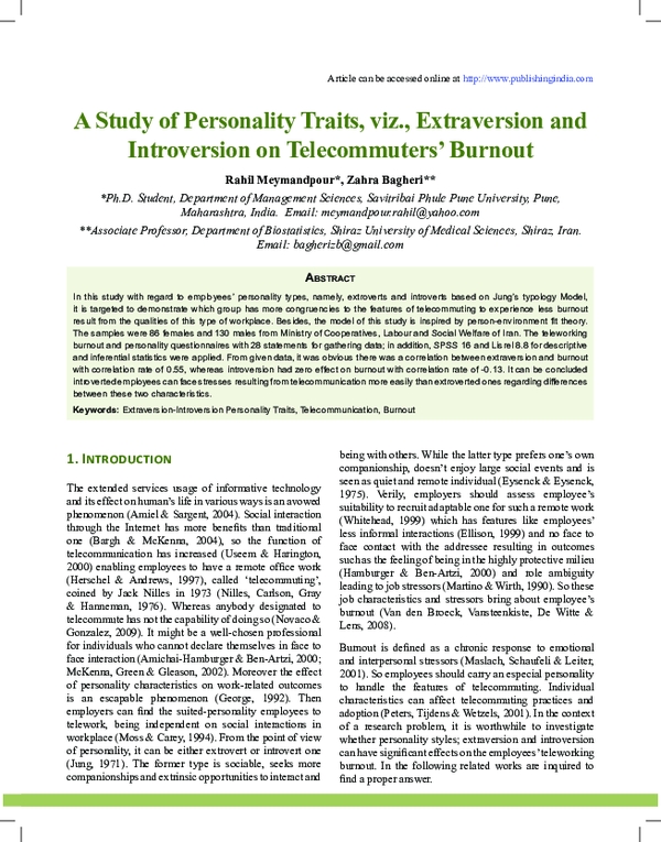 (PDF) A Study of Personality Traits, viz., Extraversion and Introversion on Telecommuters' Burnout