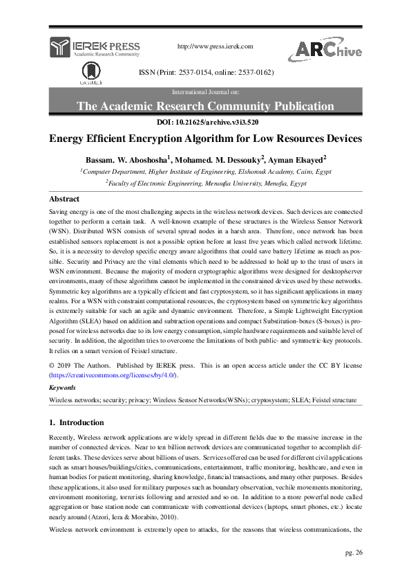 Pdf Energy Efficient Encryption Algorithm For Low Resources Devices