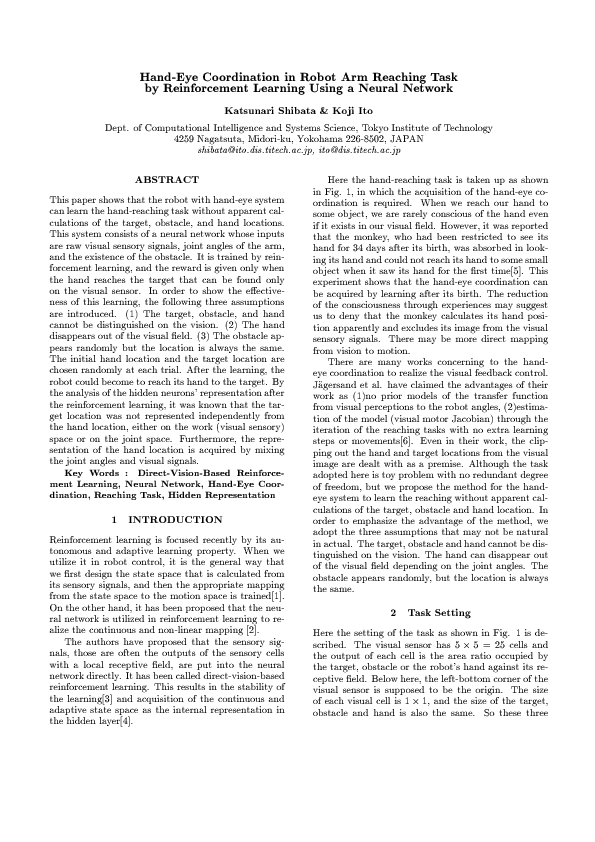 Pdf Hand Eye Coordination In Robot Arm Reaching Task By Reinforcement Learning Using A Neural