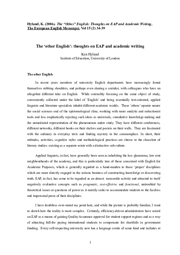 (DOC) The 'other English': thoughts on EAP and academic writing