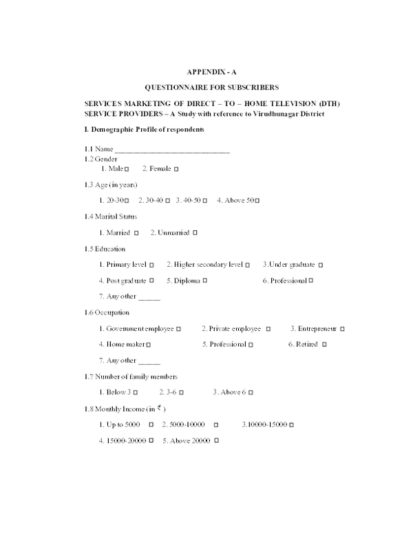(PDF) APPENDIX -A QUESTIONNAIRE FOR SUBSCRIBERS SERVICES MARKETING OF ...