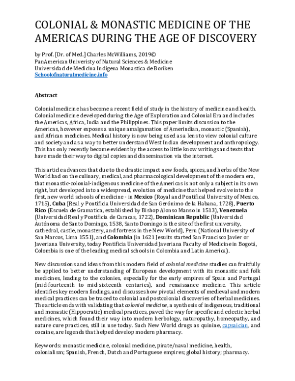 (PDF) COLONIAL & MONASTIC MEDICINE OF THE AMERICAS DURING THE AGE OF ...