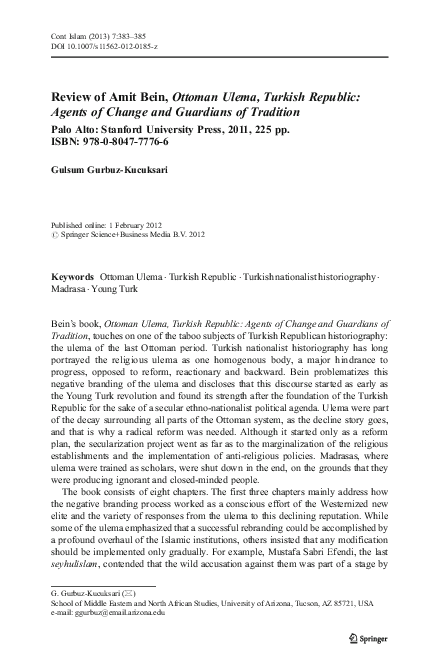 (PDF) Review of Amit Bein, Ottoman Ulema, Turkish Republic: Agents of ...