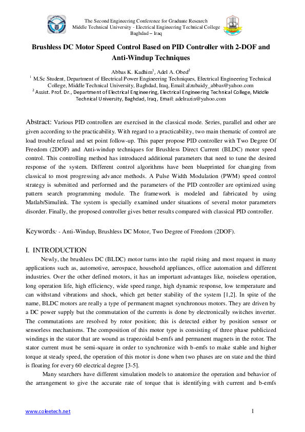 (PDF) Brushless DC Motor Speed Control Based on PID Controller with 2-DOF and Anti-Windup Techniques