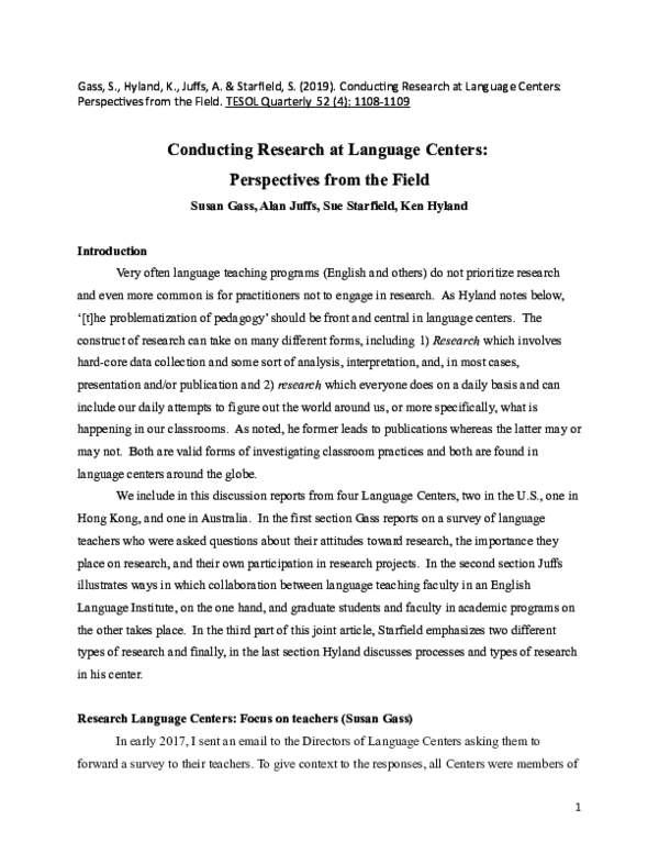 (DOC) Conducting Research at Language Centers: Perspectives from the Field.