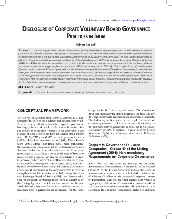(PDF) Disclosure of Corporate Voluntary Board Governance Practices in India