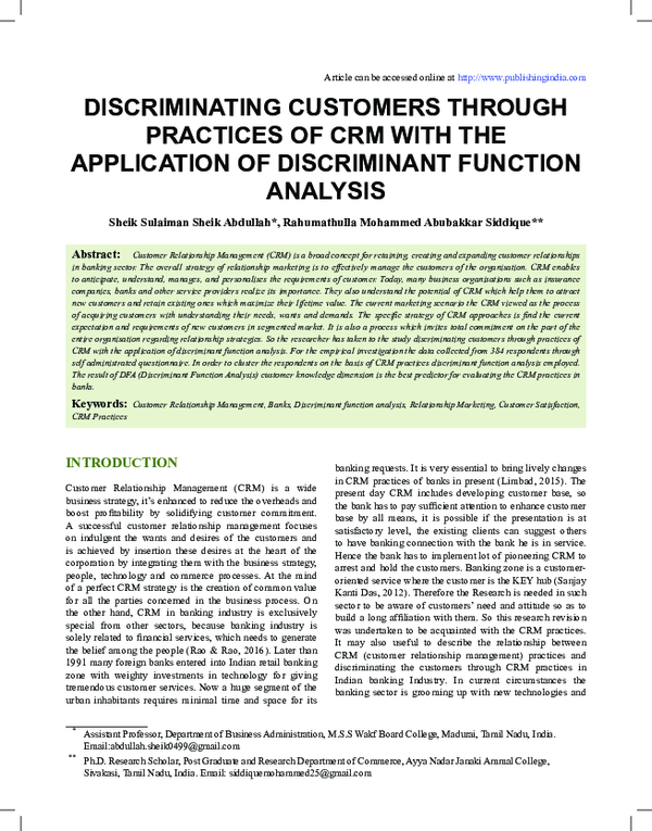 (PDF) Discriminating Customers Through Practices of CRM with the Application of Discriminant ...