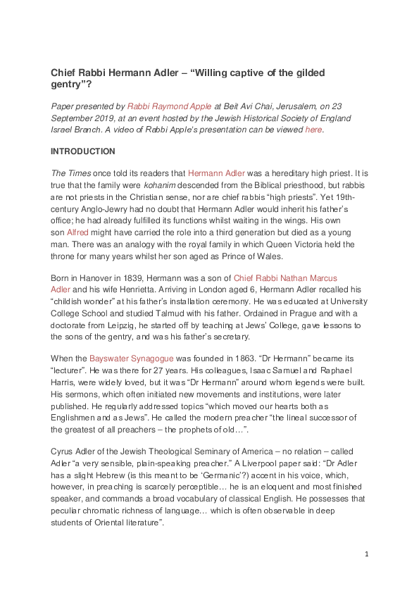 (DOC) Chief Rabbi Hermann Adler -"Willing captive of the gilded gentry"