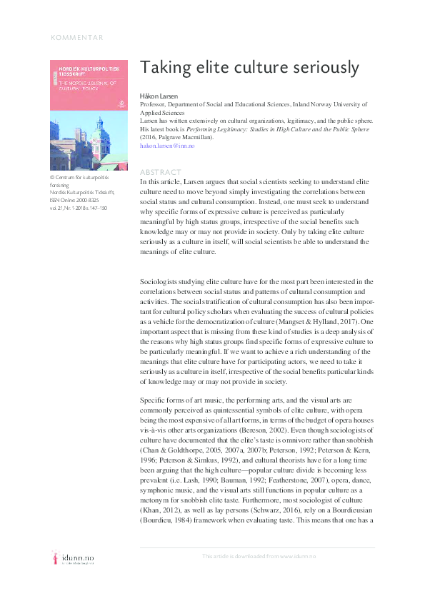 (PDF) Taking elite culture seriously