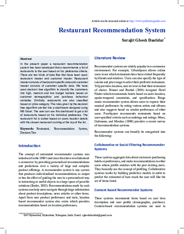 (PDF) Restaurant Recommendation System Content based Recommender Systems