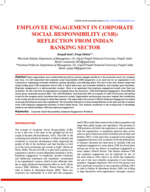 (PDF) EMPLOYEE ENGAGEMENT IN CORPORATE SOCIAL RESPONSIBILITY (CSR): REFLECTION FROM INDIAN ...