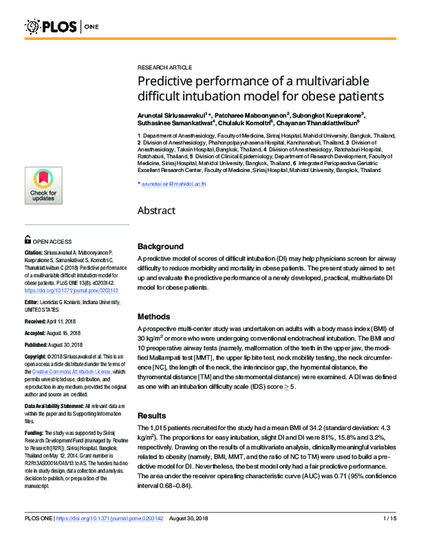 (PDF) Predictive performance of a multivariable difficult intubation ...
