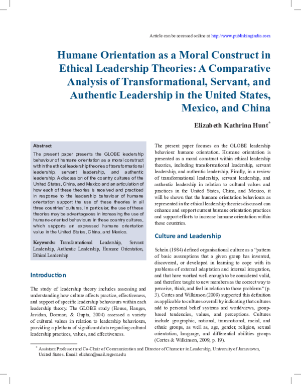 (PDF) Humane Orientation as a Moral Construct in Ethical Leadership ...