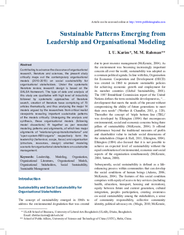 (PDF) Sustainable Patterns Emerging from Leadership and Organisational ...
