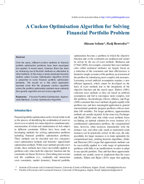 (PDF) A Cuckoo Optimisation Algorithm for Solving Financial Portfolio ...