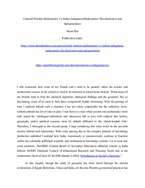 (DOC) Colonial-Western Mathematics v/s Indian Indigenous Mathematics ...