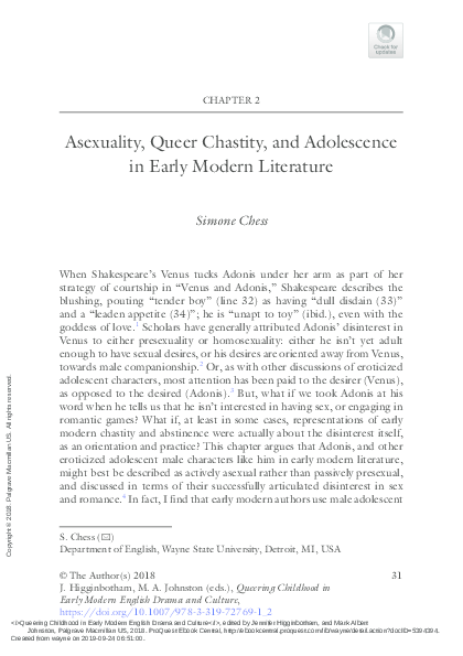 (PDF) "Asexuality, Queer Chastity, and Adolescence in Early Modern Literature” in Queering ...