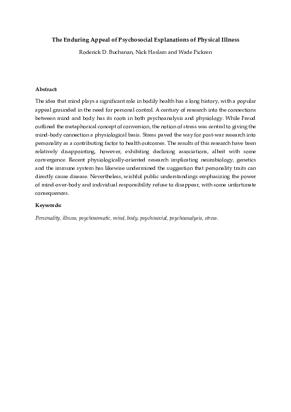 (PDF) The Enduring Appeal of Psychosocial Explanations of Physical Illness