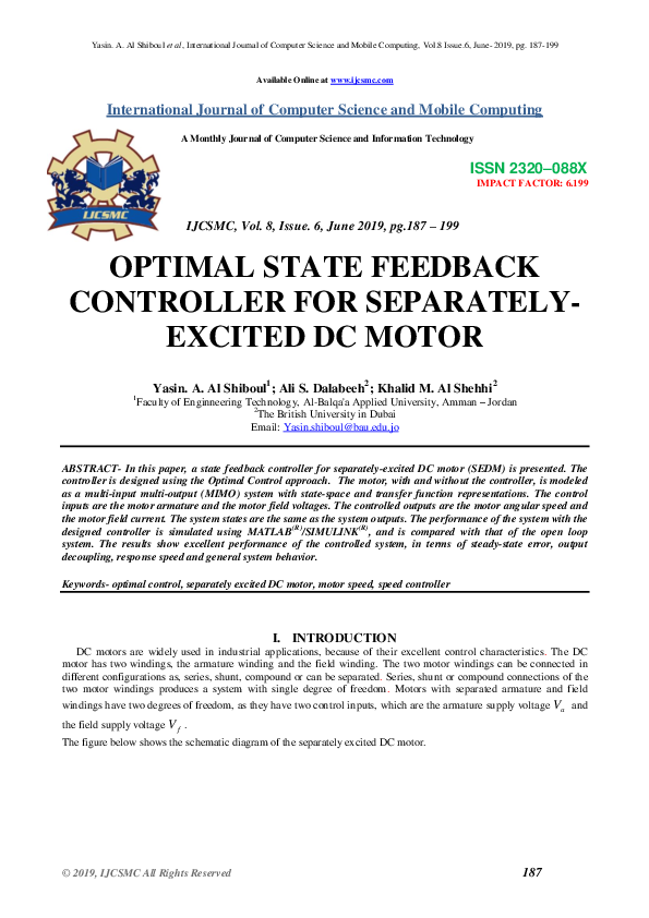 (PDF) OPTIMAL STATE FEEDBACK CONTROLLER FOR SEPARATELY-EXCITED DC MOTOR﻿