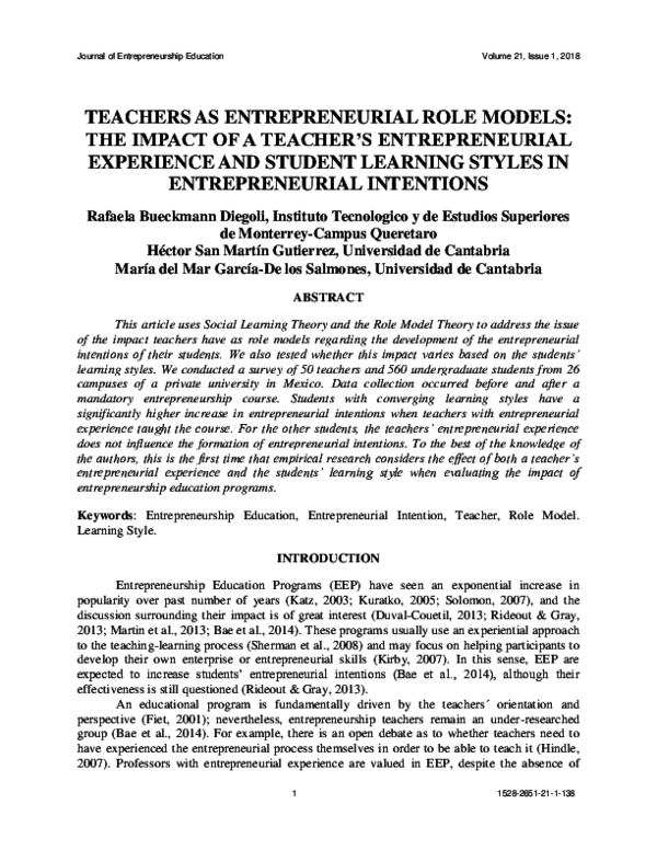 (PDF) Teachers as entrepreneurial role models: The impact of a teacher ...